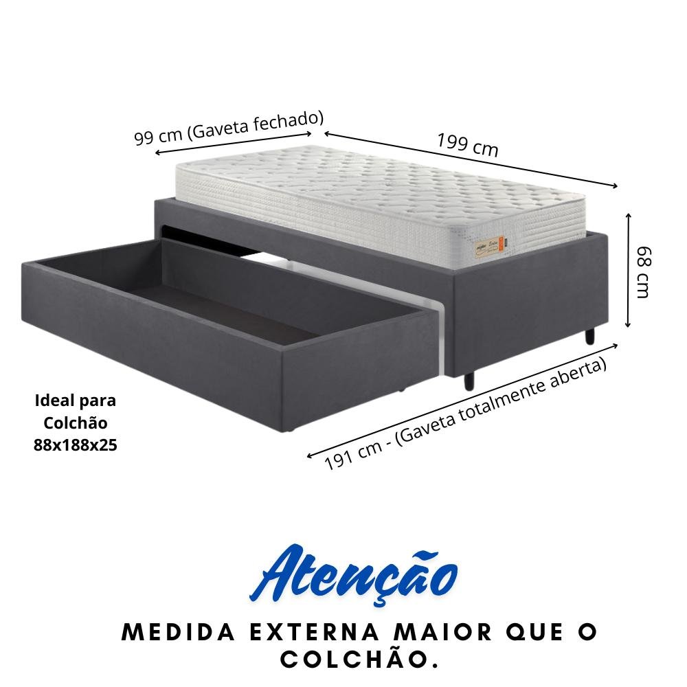 Cama Box Solteiro com Gaveta 88x188 cm Revestida em Suede Cinza com ...