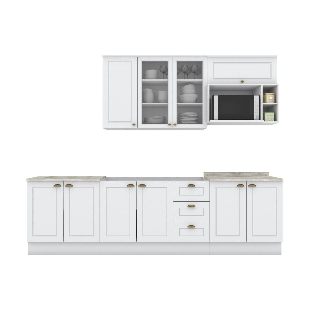 Cozinha Compacta 280cm Americana com Vidro 6 Peças 10 Portas 3 Gavetas ...