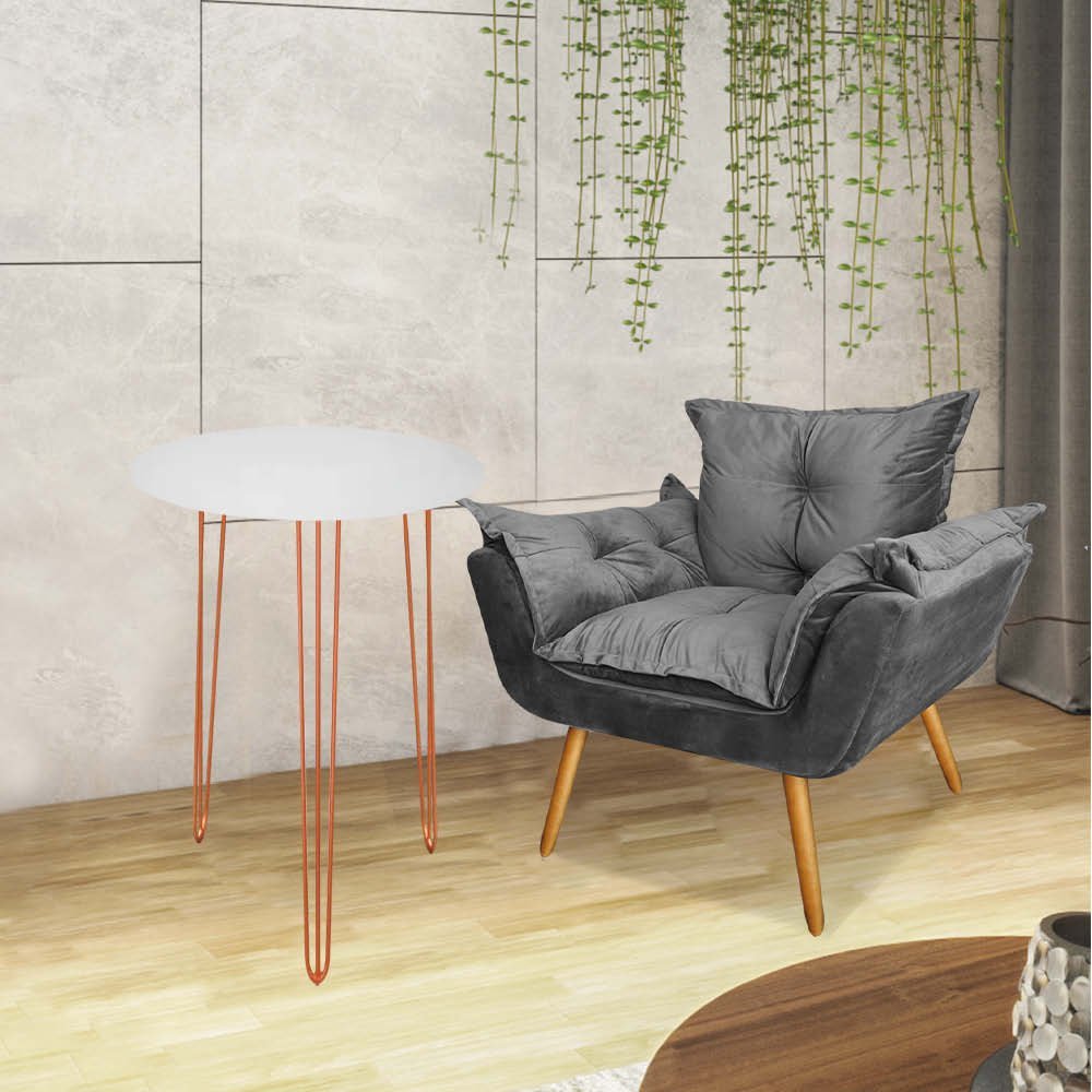 Kit Poltrona Opala com Mesa Roma Ferro Bronze Tampo Redondo Branco ...