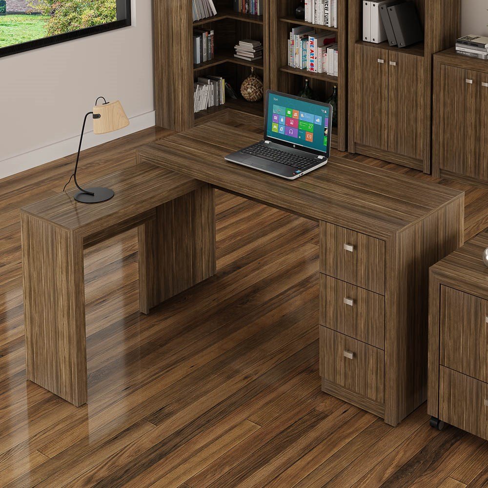 Mesa Em L Para Escritório 3 Gavetas ME4101 Nogal - Tecno Mobili | MadeiraMadeira