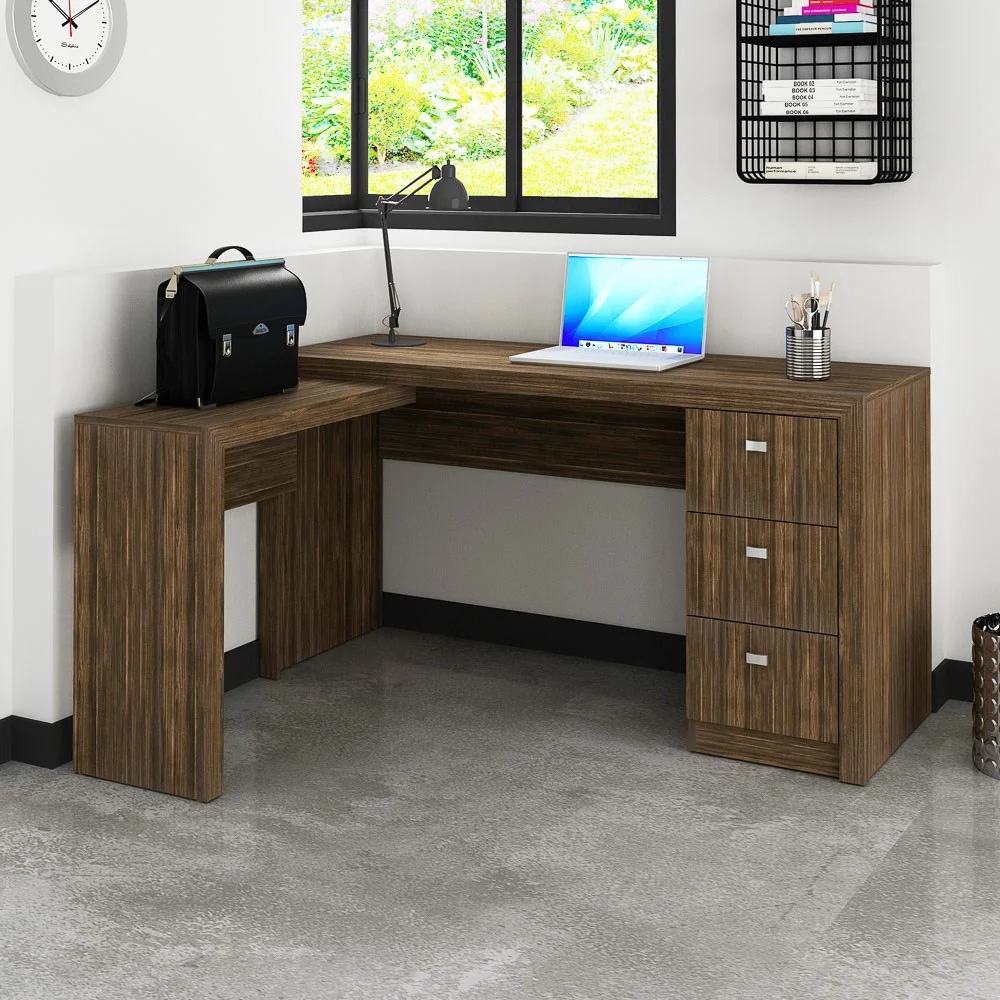 Mesa Em L Para Escritório 3 Gavetas ME4101 Nogal - Tecno Mobili ...