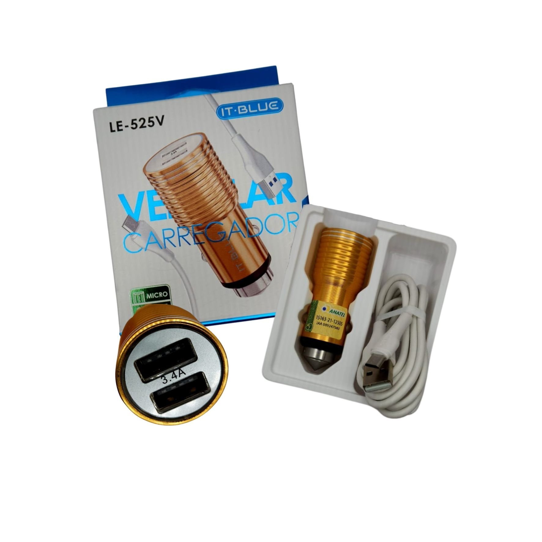 Carregador Veicular de Carga Rápida com Cabo Micro - V8 com Usb Duplo - Metal It-blue Le-525v ...