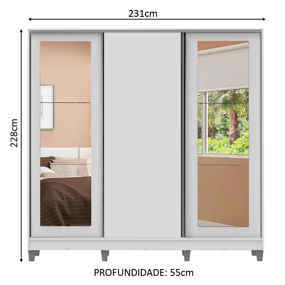 Guarda-Roupa Casal 100% MDF Madesa Eros 3 Portas de Correr com Espelhos ...
