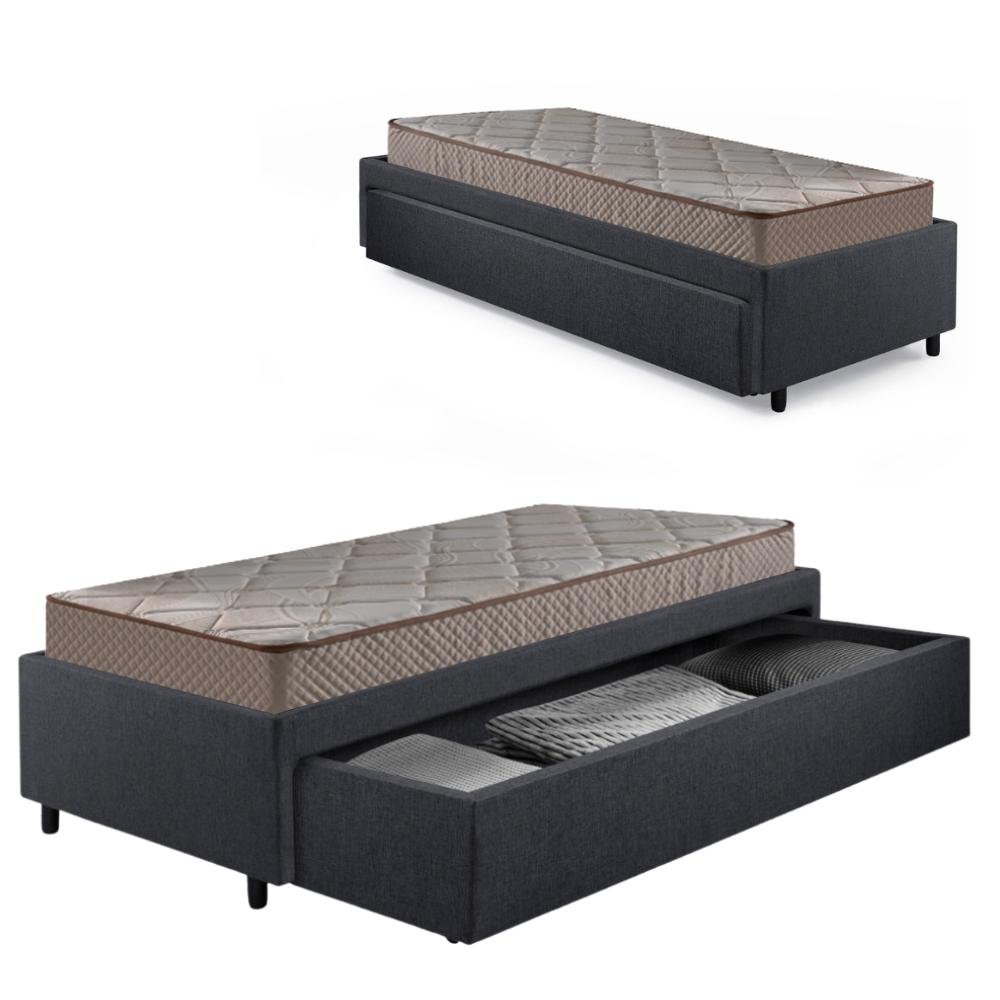 Cama Box Solteiro com Gaveta 88x188 cm Revestida em Linho Cinza com ...
