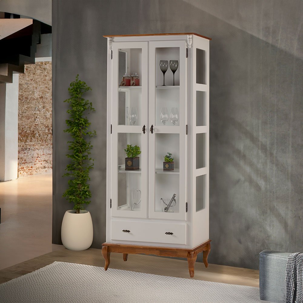 Cristaleira 2 Portas Laterais em Vidros 3 Prateleiras 1 Gaveta 60303 Linz Móveis - Off White ...