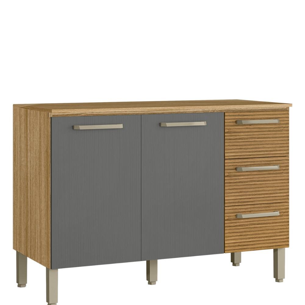 Balcão de Cozinha 120 cm 2 Portas 3 Gavetas Com Tampo Freijó Gris ...