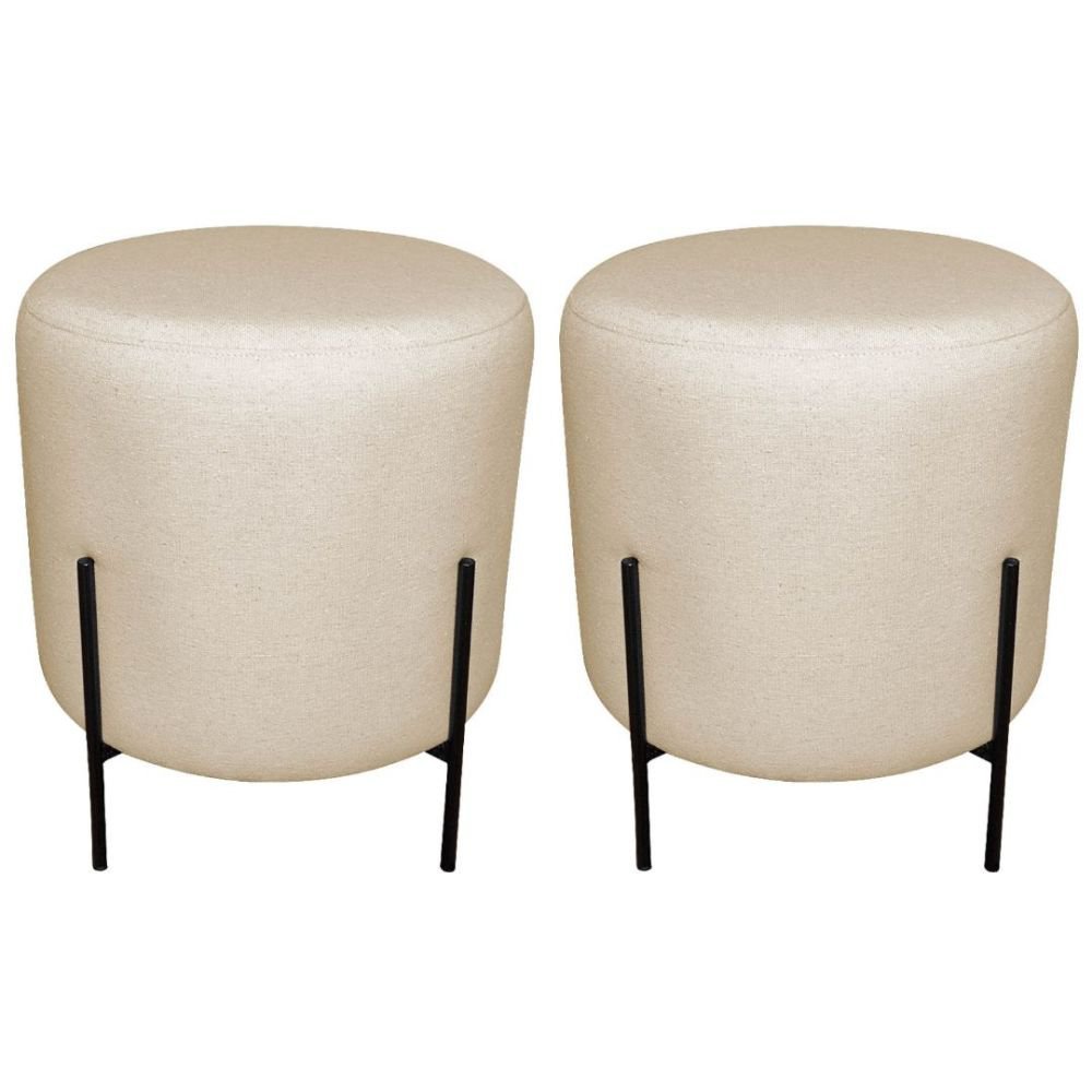 Kit Puff Redondo Decorativo Capri Base Preto Linho:Bege | MadeiraMadeira