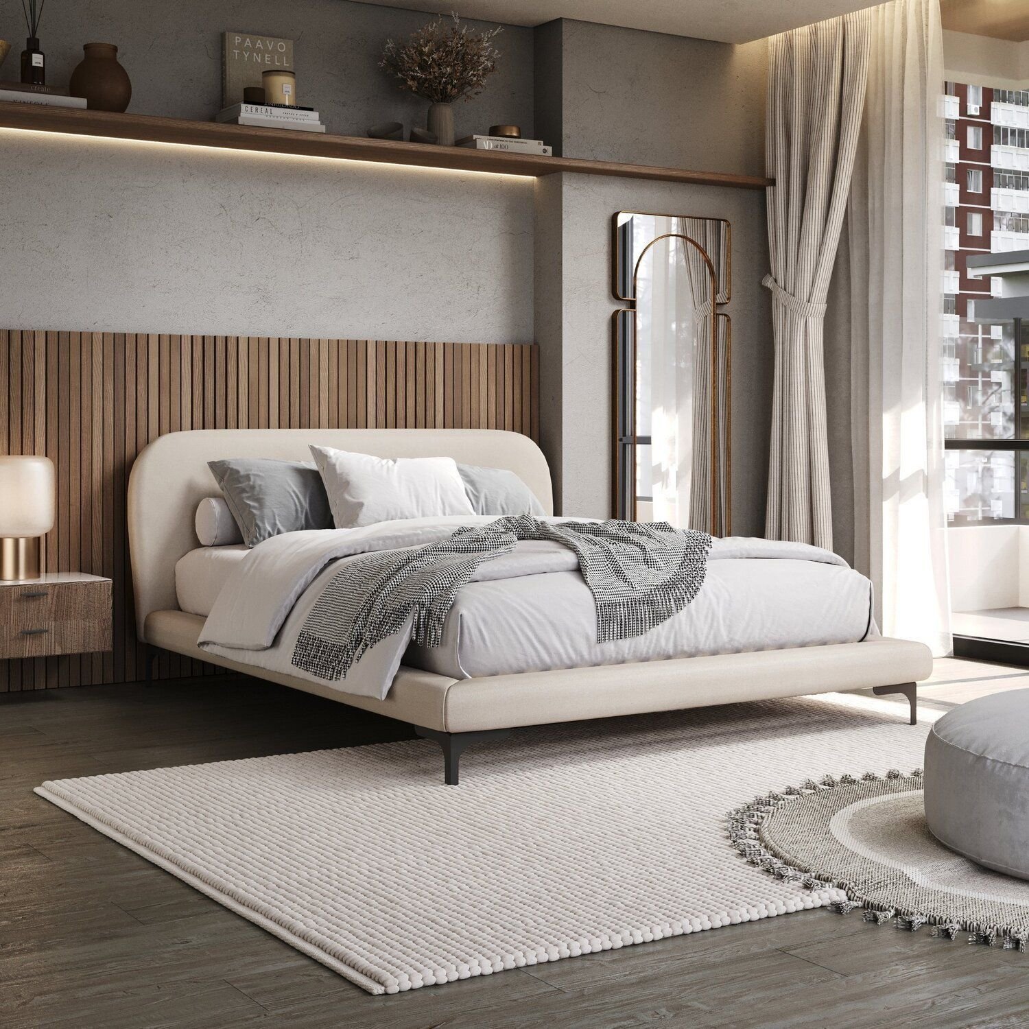 Cama Queen Estofada Linho com Cabeceira Sun Bege | MadeiraMadeira