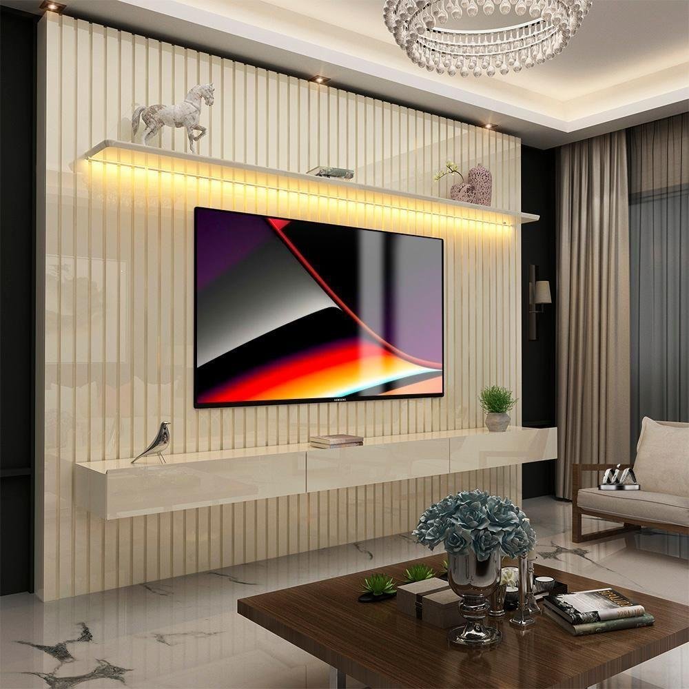 Painel com Led e Nicho 3 Gavetas 85 Polegadas Off White Nobre Gelius ...