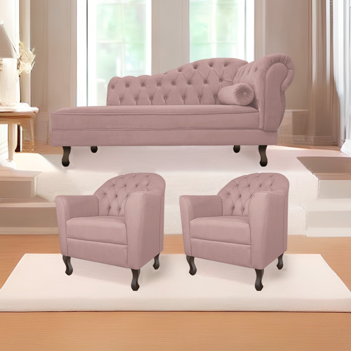 Kit Diva Recamier Diana 130cm Lado Esquerdo e 02 Poltronas Julia Linho - ADJ Decor RECAMIER DIVÃ ...