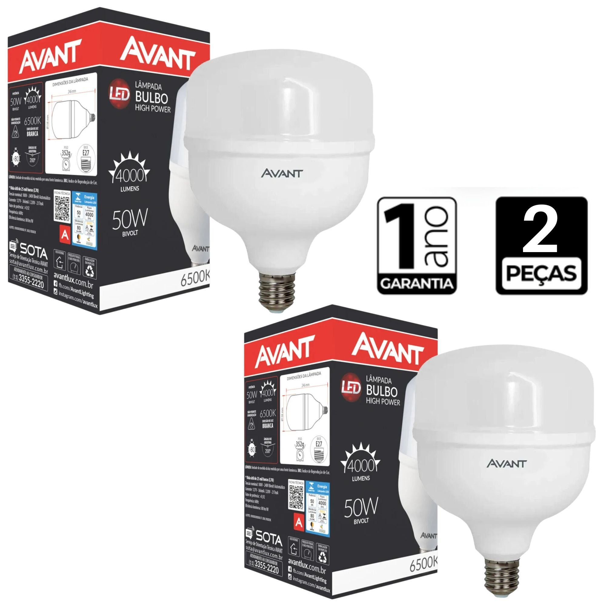 Kit C/ 2 Lâmpadas Led 50w Alta Potencia 6500k E-27 Avant | MadeiraMadeira