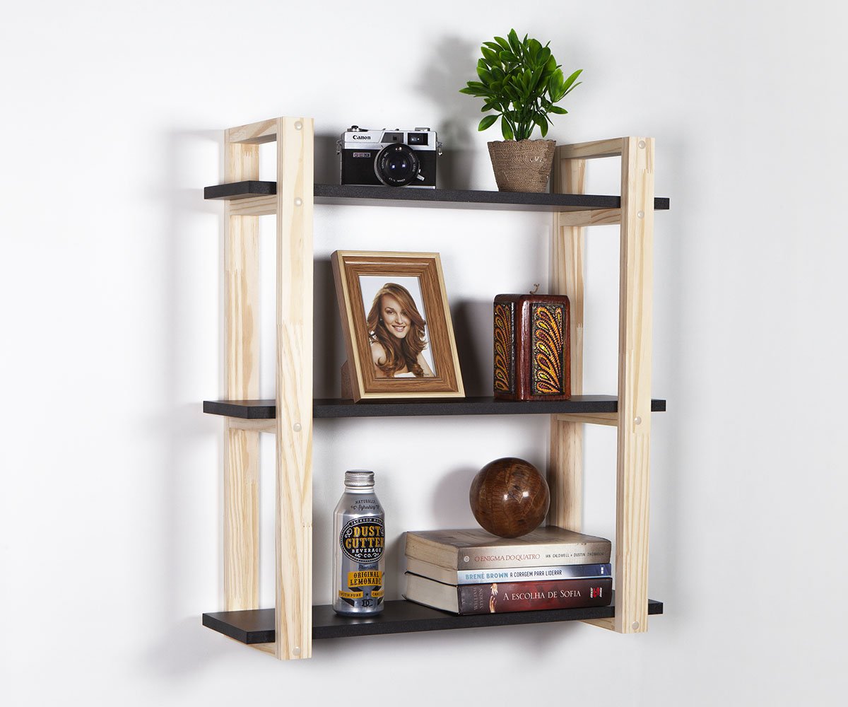 Kit 2 Prateleiras Estante Tripla Pinus e MDF Preto 60cm | MadeiraMadeira