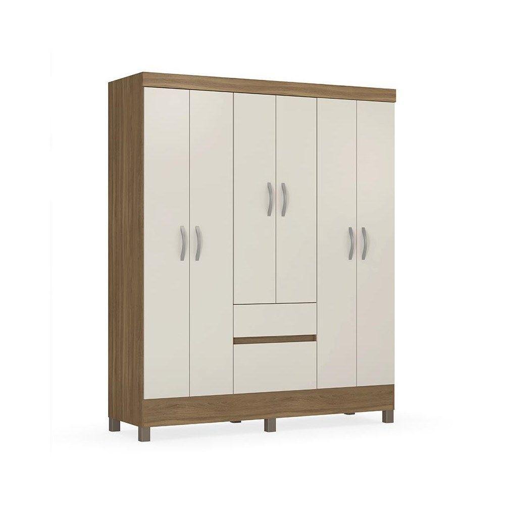 Guarda Roupa Casal Espaçoso Grande 6 Portas 2 Gavetas Cor:amendola/off ...