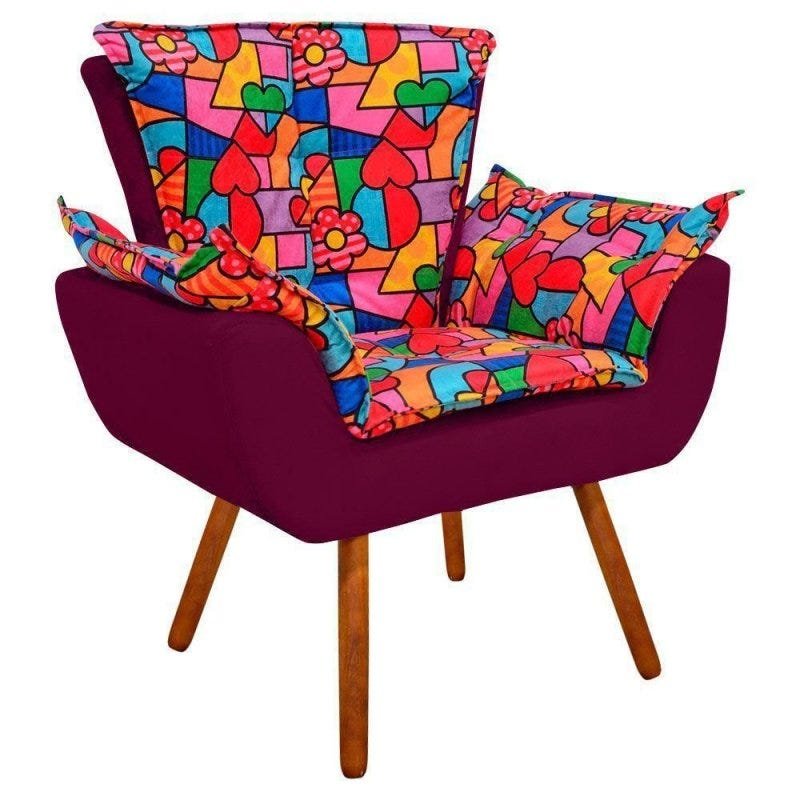 Poltrona Decorativa Opala Suede Composê Estampado Romero Britto D15 e Suede Vinho | MadeiraMadeira