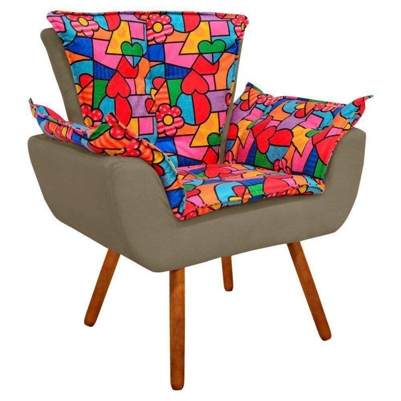 Poltrona Decorativa Opala Suede Composê Estampado Romero Britto D15 e Suede Marrom Rato ...