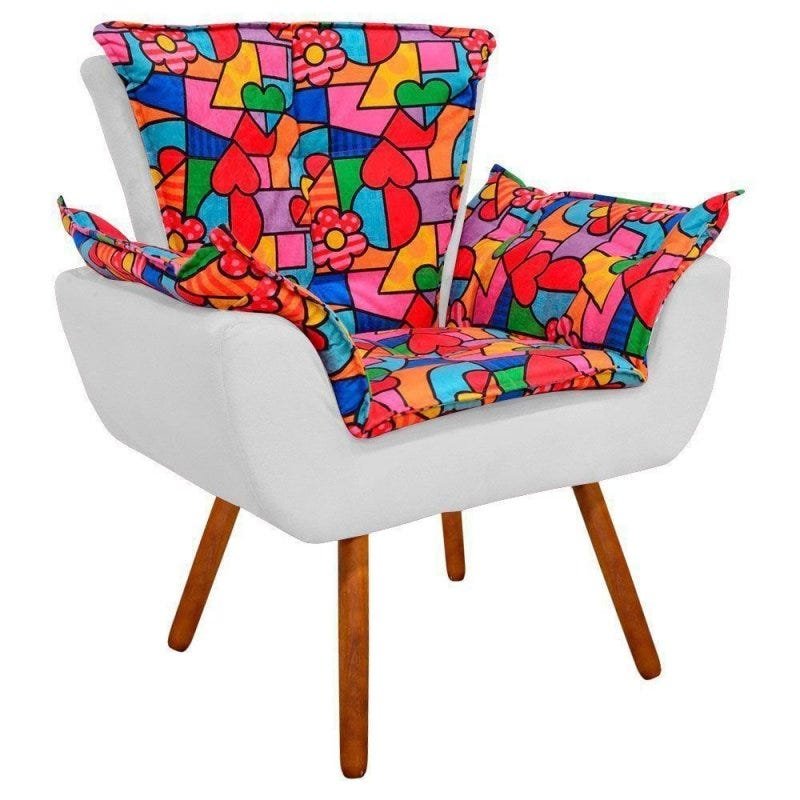 Poltrona Decorativa Opala Suede Composê Estampado Romero Britto D15 e Suede Branco | MadeiraMadeira