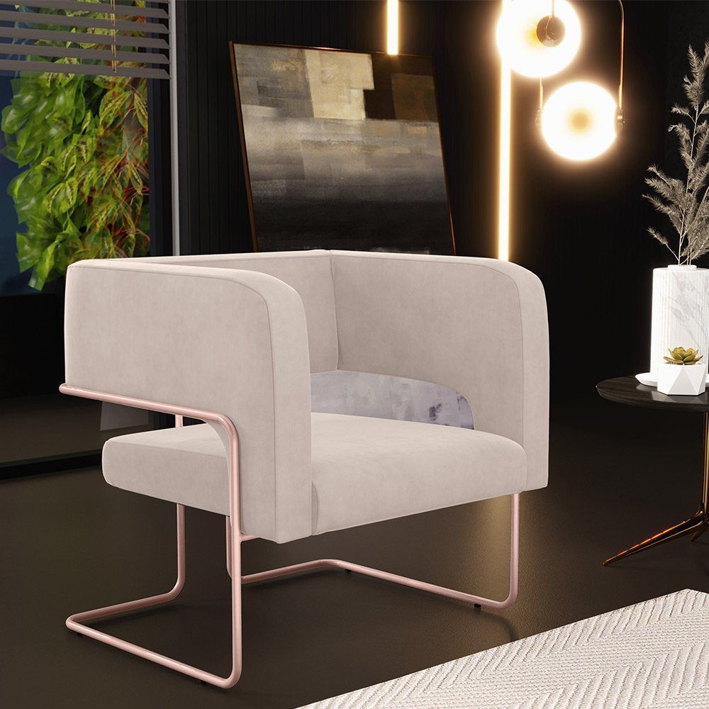 Poltrona Decorativa Scarlett D02 Base de Aço New Cobre Veludo Bege B ...