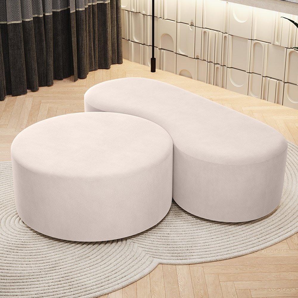 Kit Puff Redondo Lola e Puff Recamier Orgânico Orbit W01 Suede Bege - Lyam Decor | MadeiraMadeira