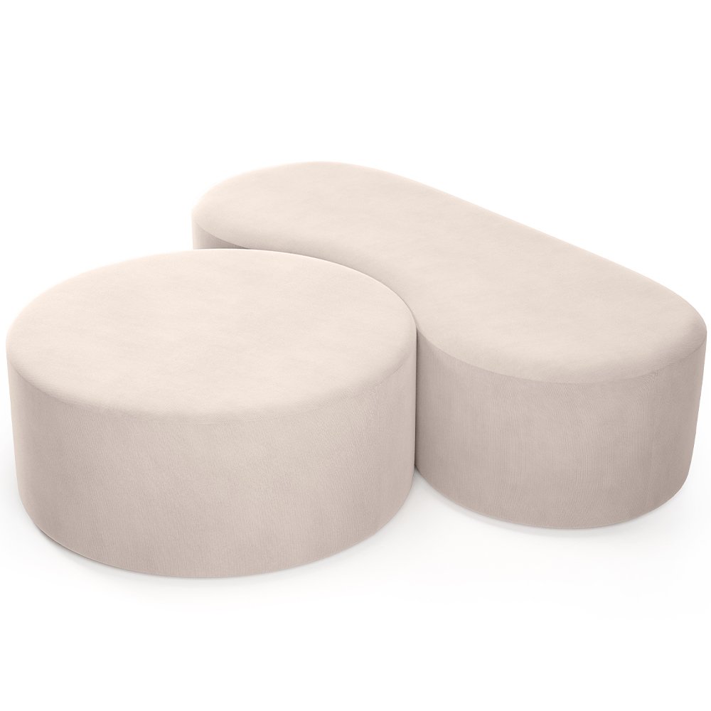 Kit Puff Redondo Lola e Puff Recamier Orgânico Orbit W01 Suede Bege - Lyam Decor | MadeiraMadeira