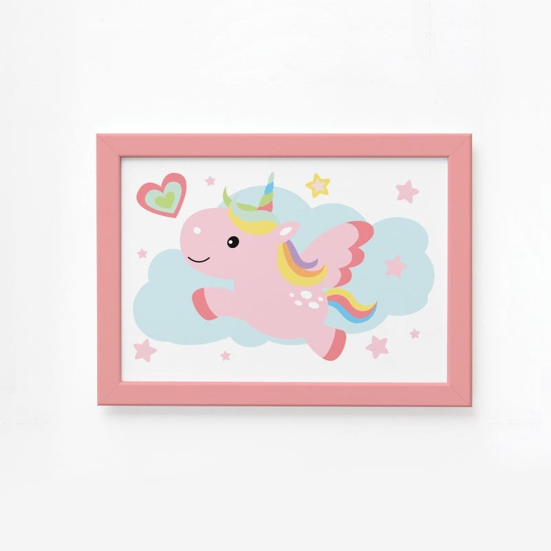 Quadro Infantil Unicornio Nuvem 22x32 Moldura Rosa | MadeiraMadeira
