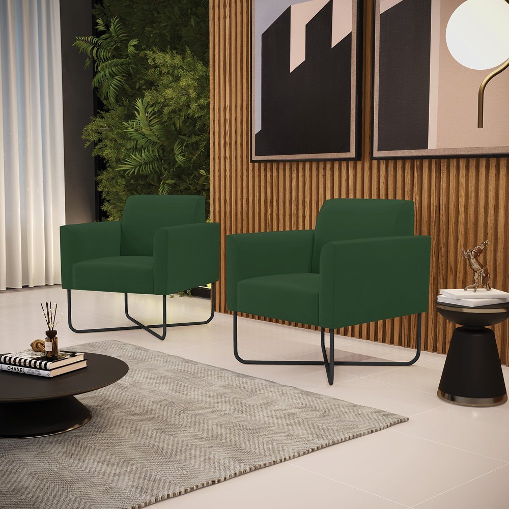 Kit 2 Poltronas Base X Industrial Preto Marisa Veludo Verde D03 - D'rossi | MadeiraMadeira