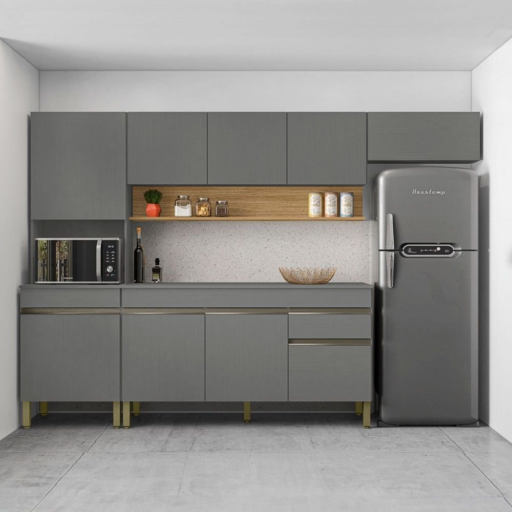 Cozinha Completa Silver 9 Portas 1 Gaveta Gris/freijó - Pnr Móveis ...