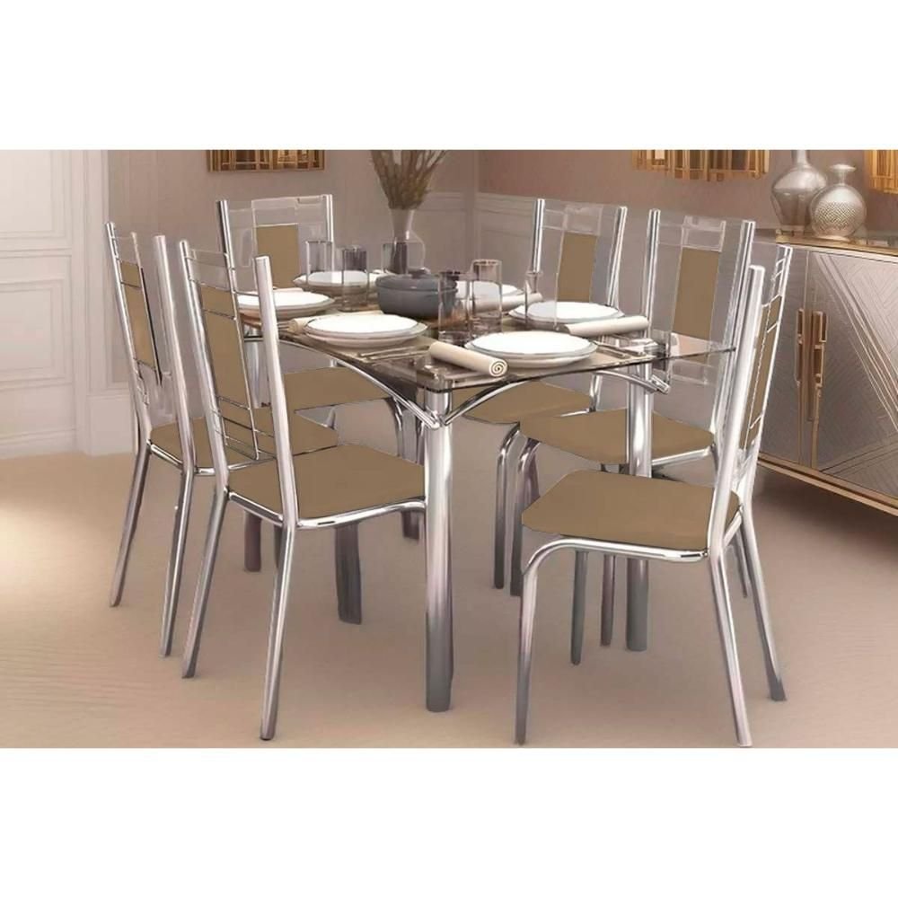 Sala de Jantar Completa Elba C/ Tampo de Vidro 80x150cm e 6 Cadeiras ...