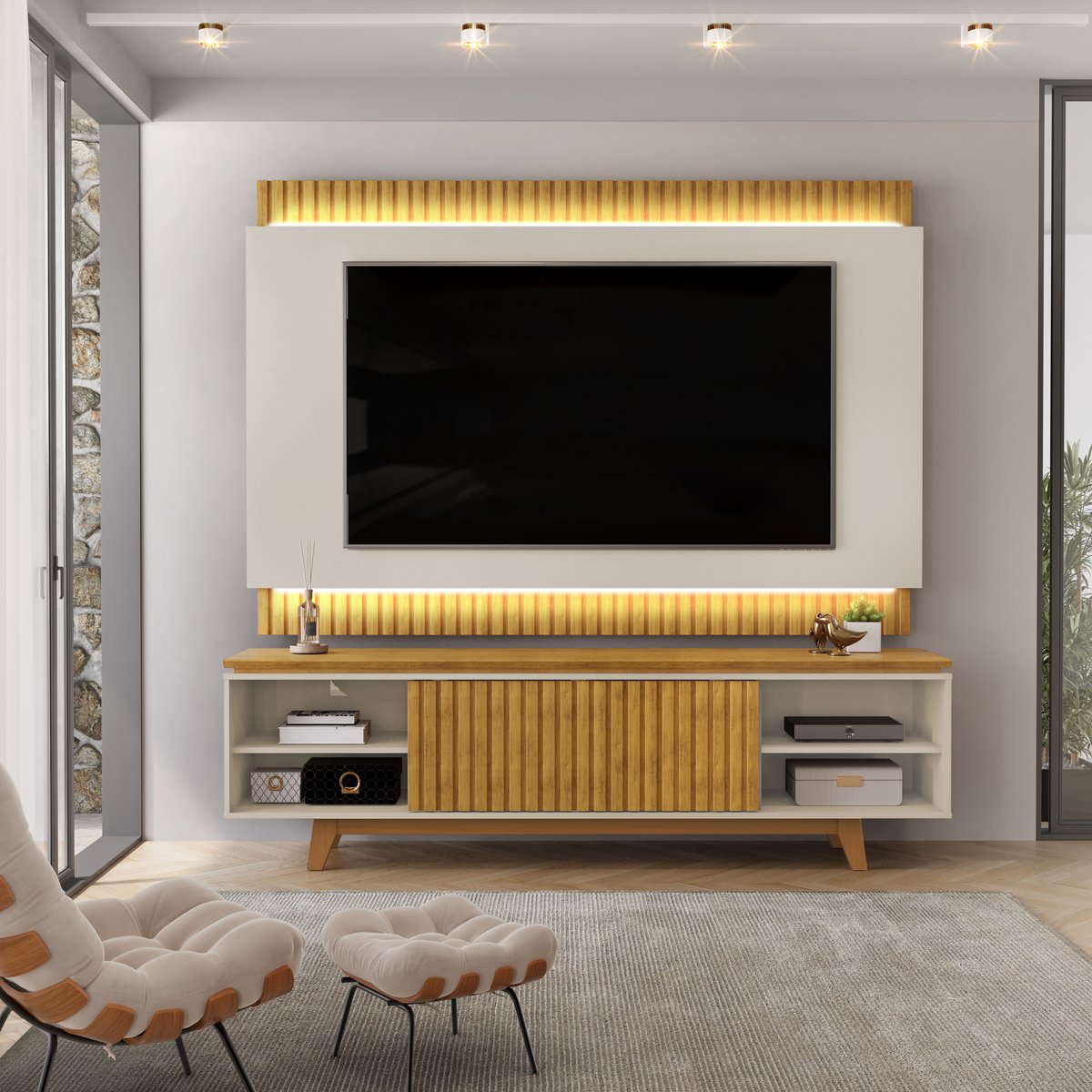 Bancada e Painel para Tv 75" Loren Cedro Bali Dj Móveis | MadeiraMadeira