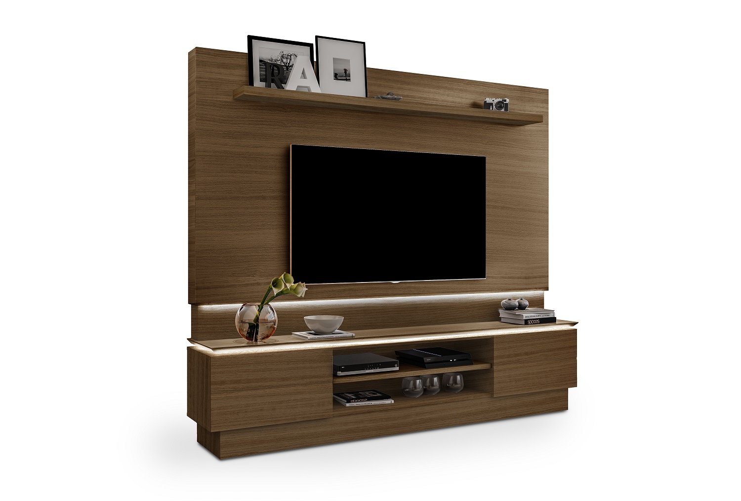 painel home com rack moderno cor Amendoa | MadeiraMadeira