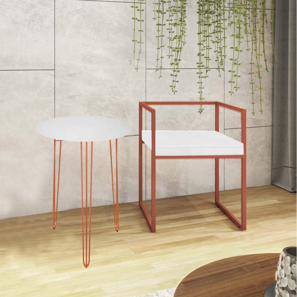 Kit Poltrona Cubo com Mesa Roma Ferro Bronze Tampo Redondo Branco Suede ...