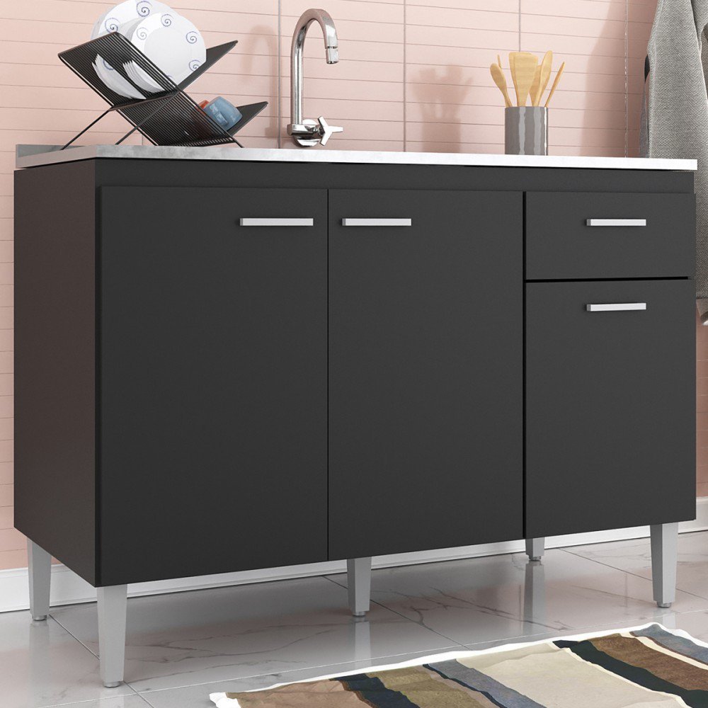 Balcão de Cozinha 3 Portas 1 Gaveta Preto 600086 - Manfroi | MadeiraMadeira