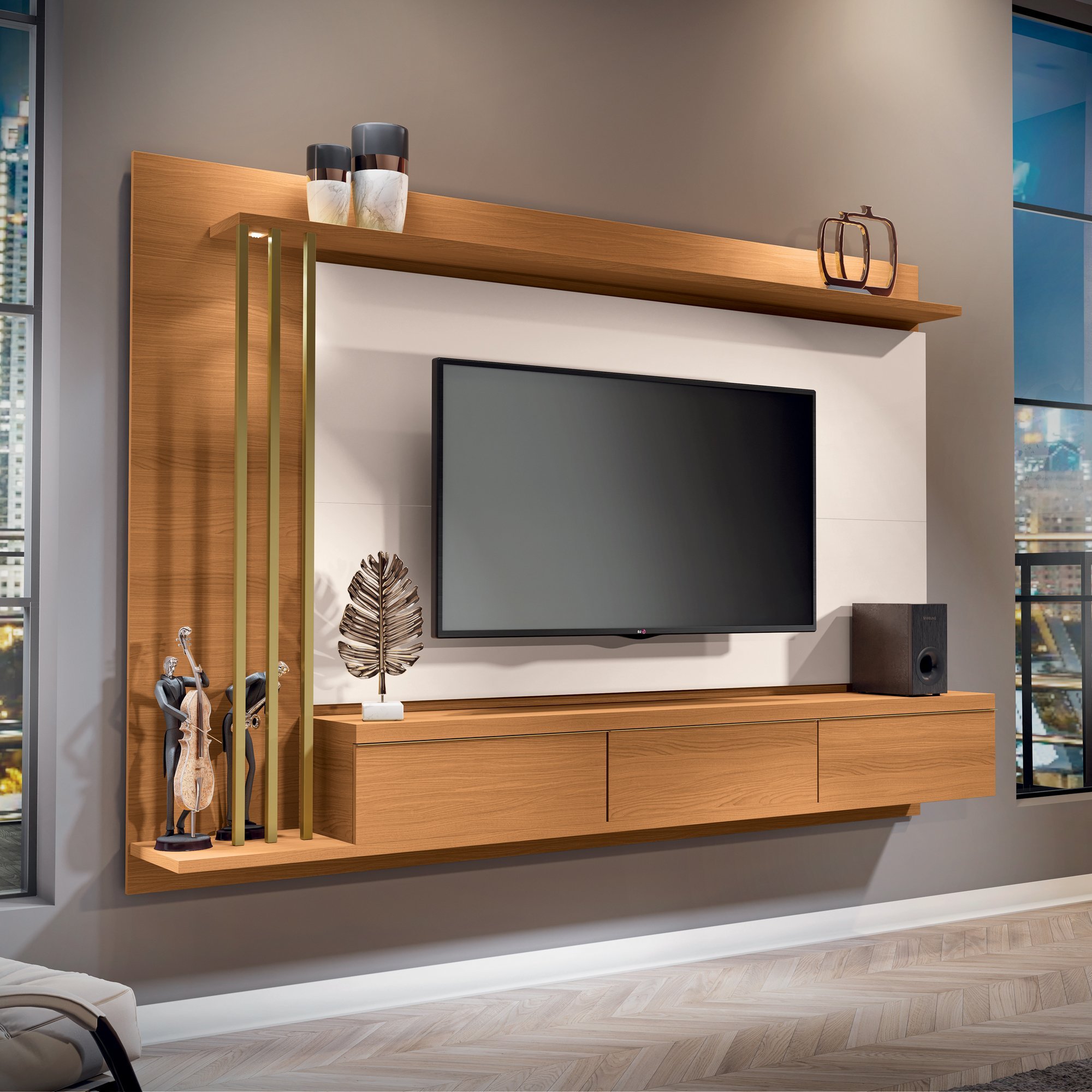 Painel Suspenso 2,20 Slend para TV 70" Cor Cinamomo e Off White HB Móveis | MadeiraMadeira