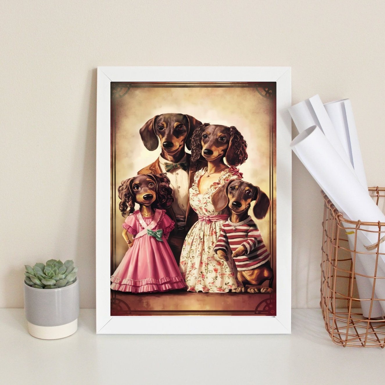Quadro Dachshund Family 24x18cm - com Vidro:moldura Preta | MadeiraMadeira