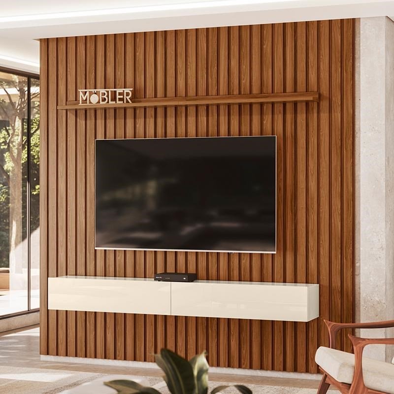 Home Suspenso Arcade Ripado 249 cm com 2 Gavetas para TV até 80” Cinamomo Mel/Off White - PR ...