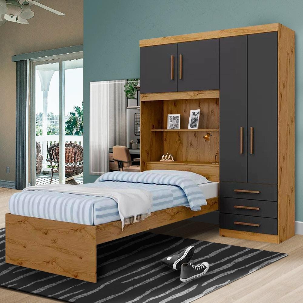 Guarda Roupa Modulado Com Cama De Solteiro Ipê Nobre Grafite Anik Shop ...