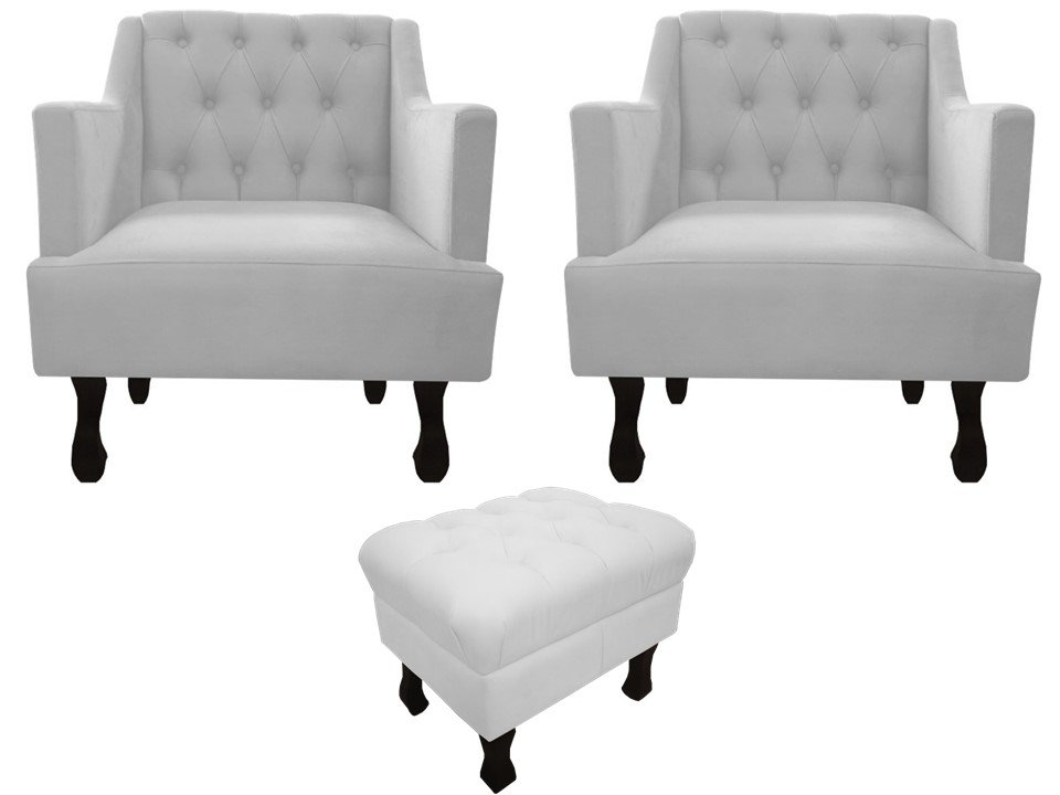 Kit 2 Poltronas Decorativa Julia + Puff Luis Xv Couro Branco Pés ...
