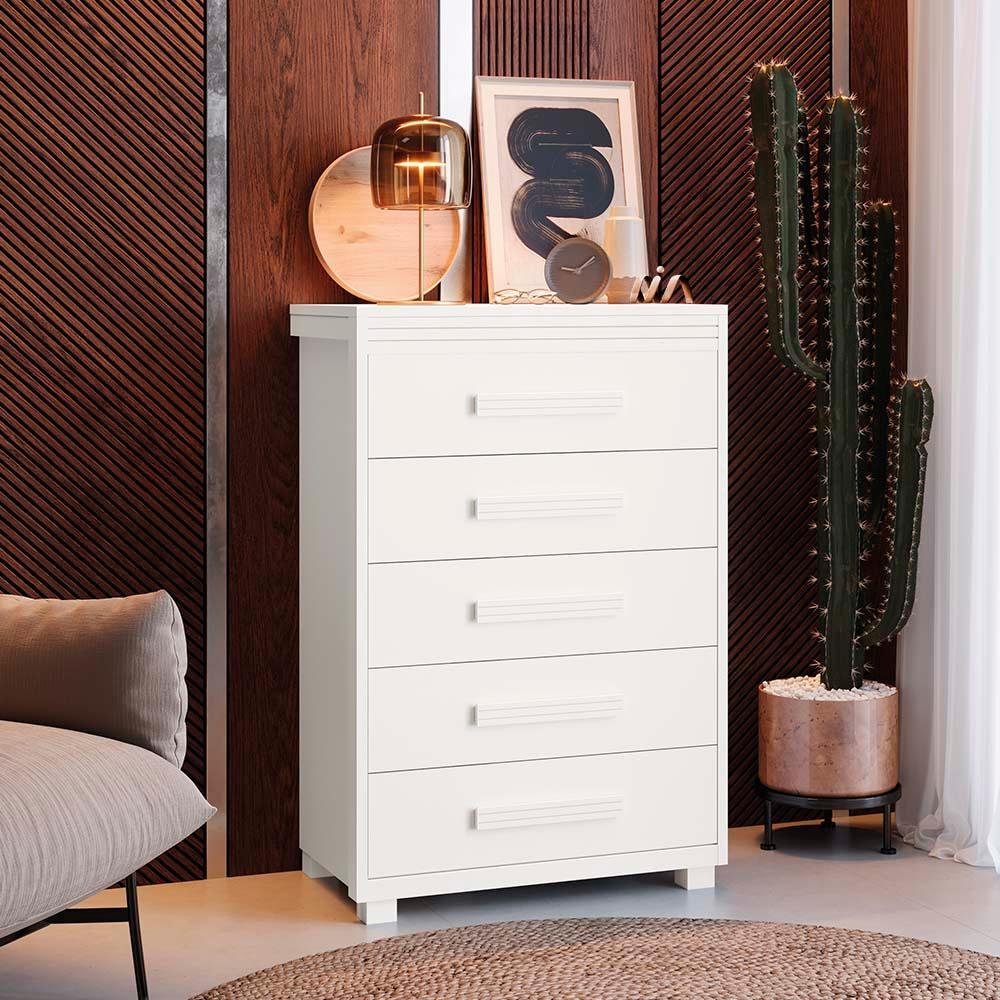 Cômoda para Quarto 5 Gavetas Grande Branco Paris Fênix | MadeiraMadeira
