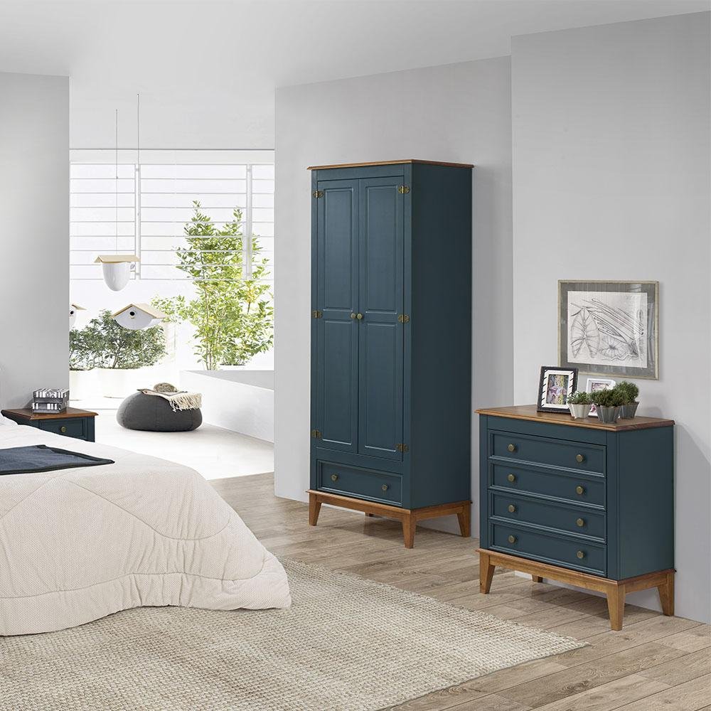 Guarda-Roupa Rústico 2 Portas e 1 Gavetas - Madeira Maciça e MDF - AZUL ...
