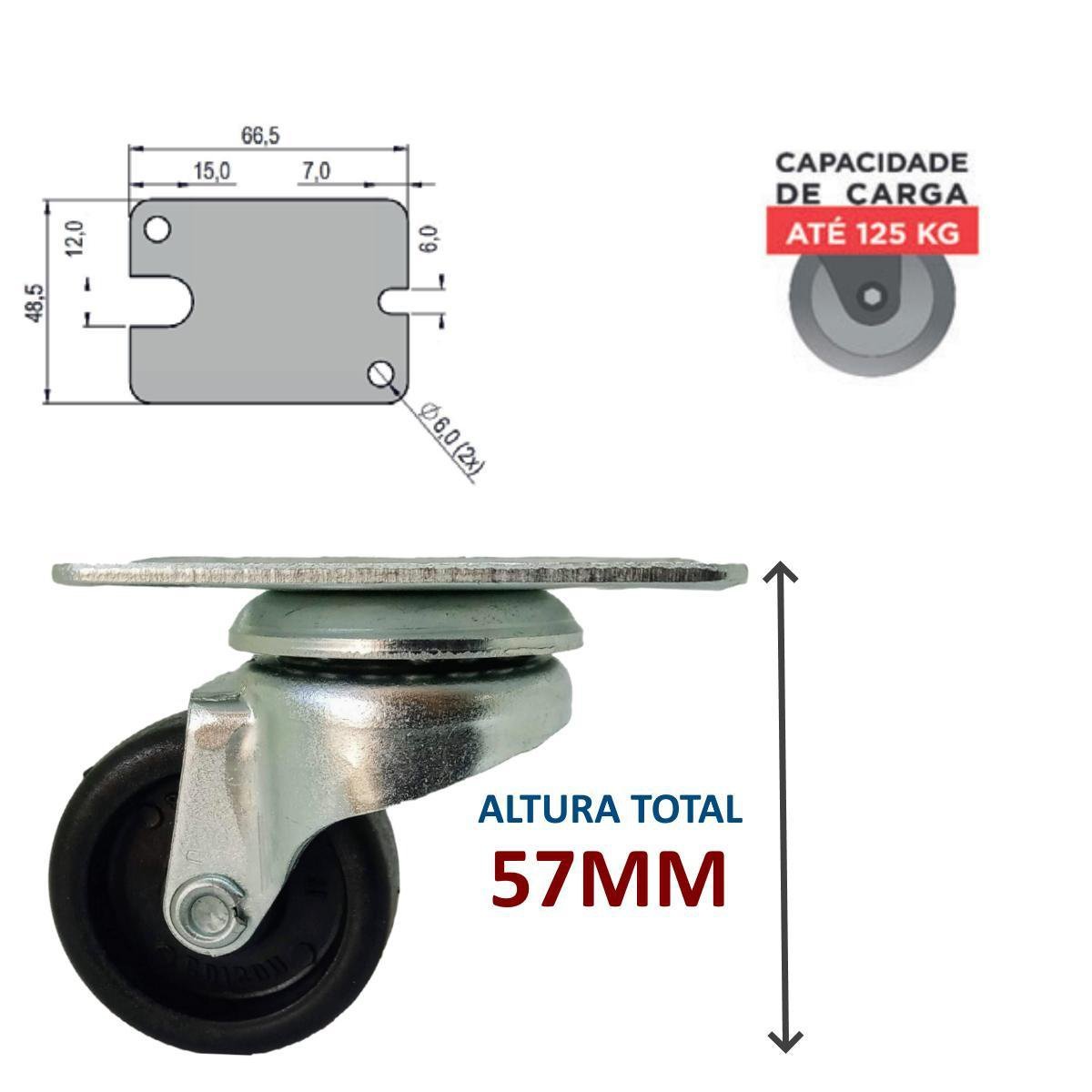 Kit 10 Rodizio Para Freezer Placa Com Recorte Giratório Sem Freio 41Mm ...