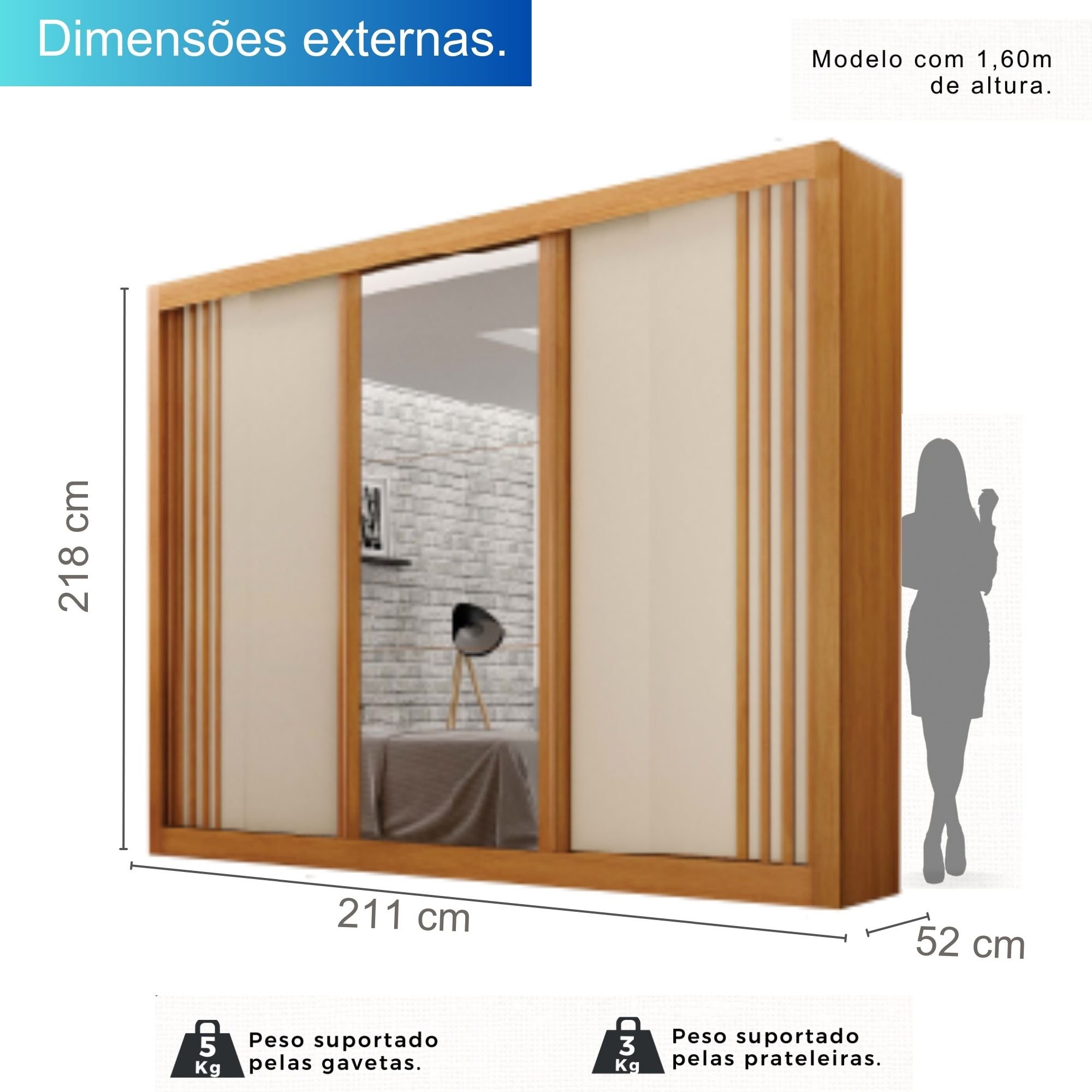 Guarda-roupa Casal 3 Portas 4 Gavetas com Espelho Central Milano Leifer ...