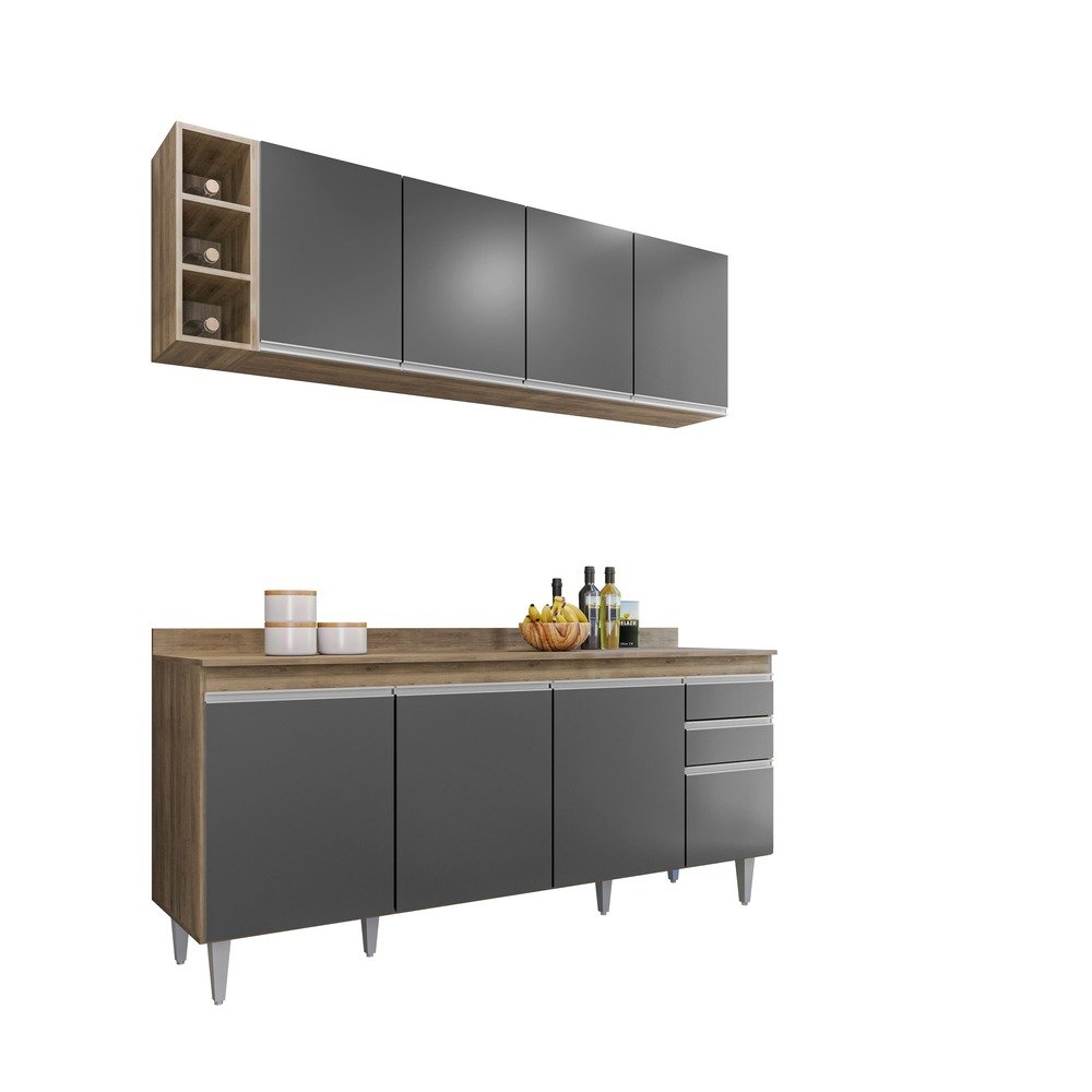 Kit Cozinha Balcão Ágatha e Aéreo com Nicho 180cm C/ Tampo Freijó com Grafite - Vallisa Decor ...