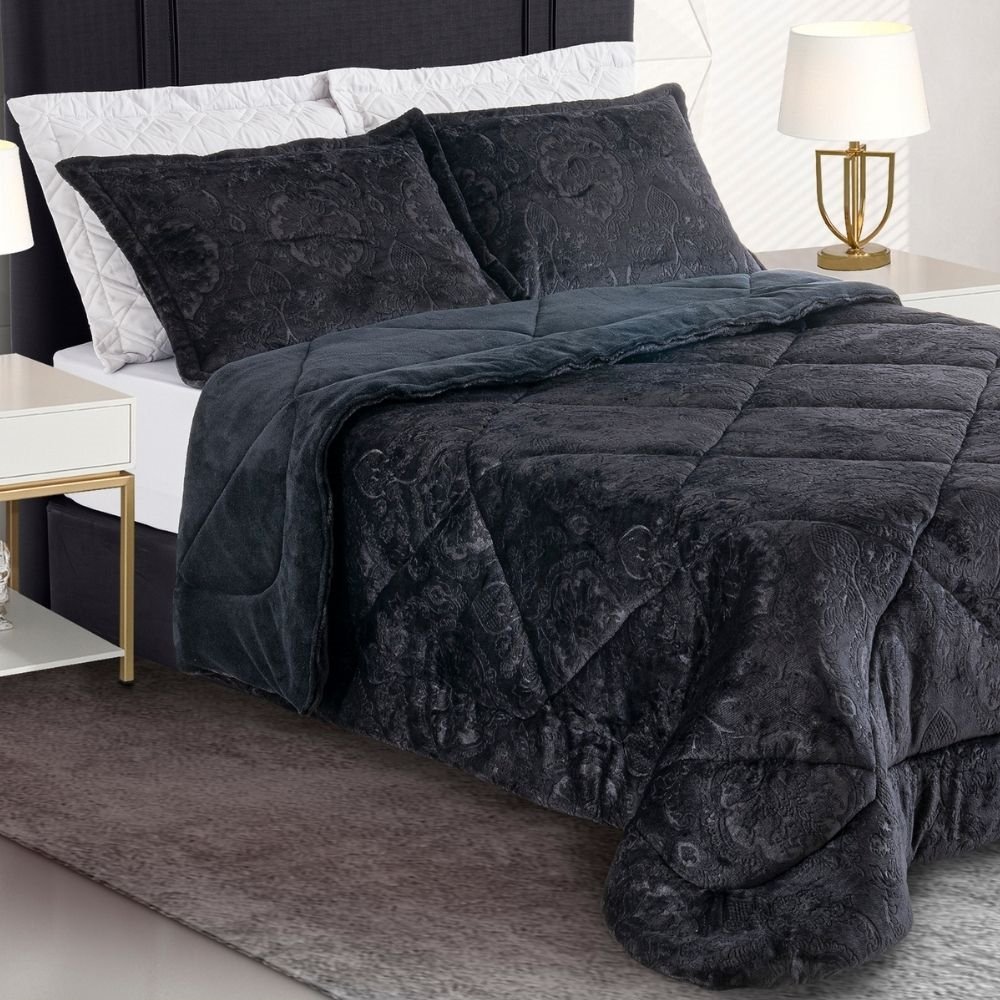 Edredom Jurita Jacquard Casal Preto | MadeiraMadeira