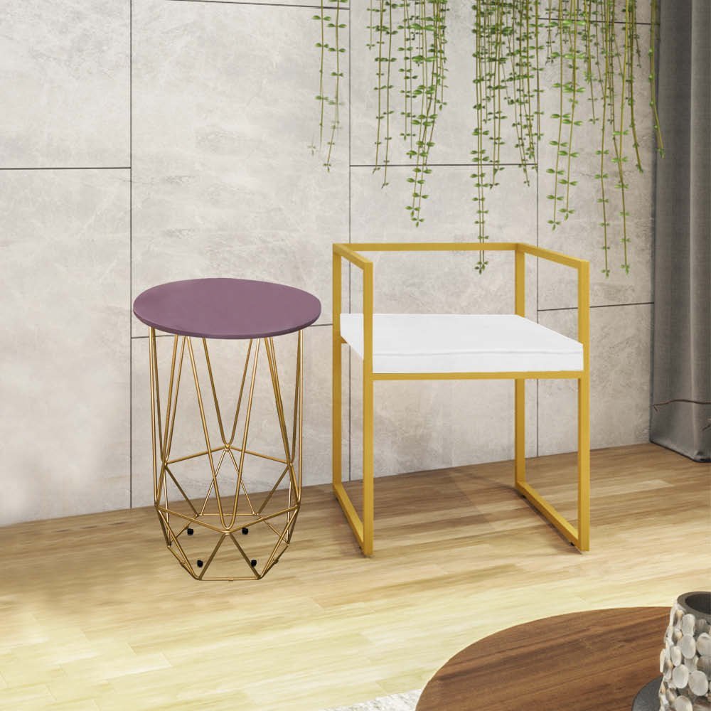 Kit Poltrona Cubo com Mesa Lizie Ferro Dourado Tampo Redondo Rose Suede ...