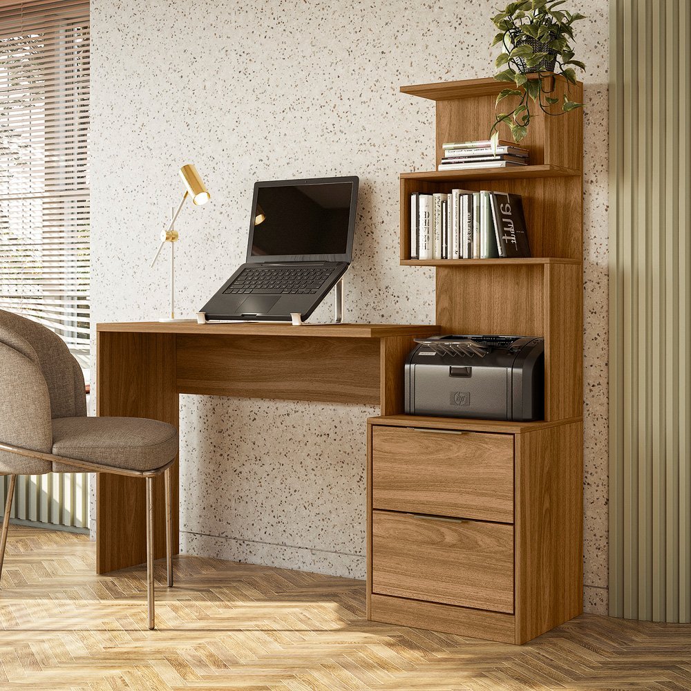 Escrivaninha com Estante Lateral 2 Gavetas Jade Cor:Nature | MadeiraMadeira
