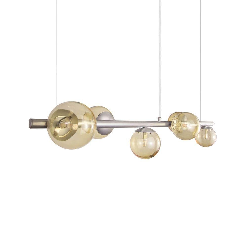 Lustre Pendente Figo Prata - 6 Globos Esfera de Vidro Âmbar ...