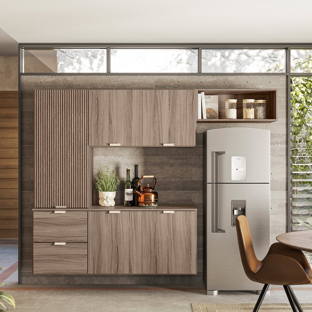 Armario Cozinha 5 Portas e 2 Gavetas Ivete 14648 Carvalho Nature Ripado ...