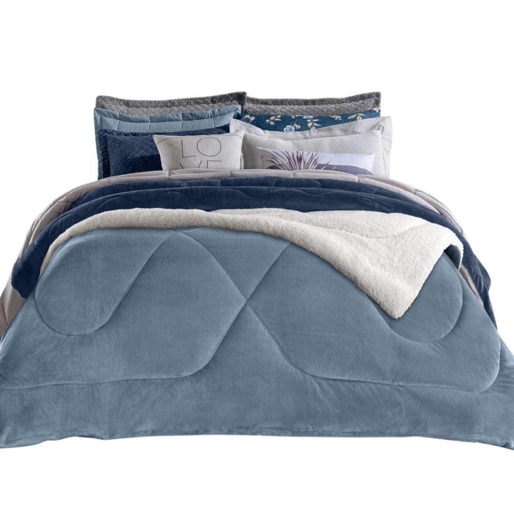 Edredom Plush Sherpa Liso Casal Queen Cor:Azul Céu | MadeiraMadeira