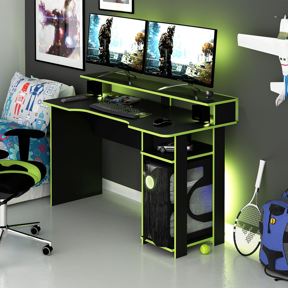 Mesa Gamer Tecno Mobili Design P/ 2 Monitores 136 cm em MDP: Preto com ...