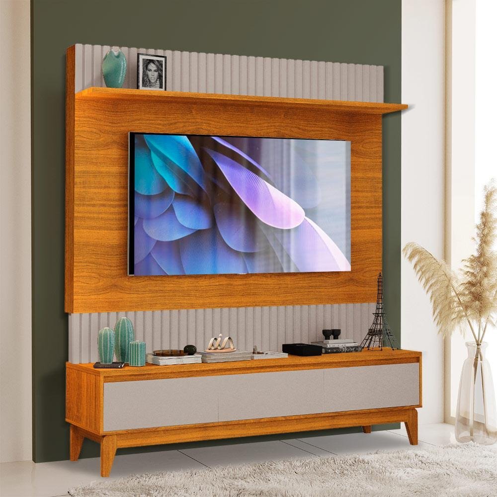 Painel Ripado com Prateleira para Tv até 75 Polegadas - Freijó ...