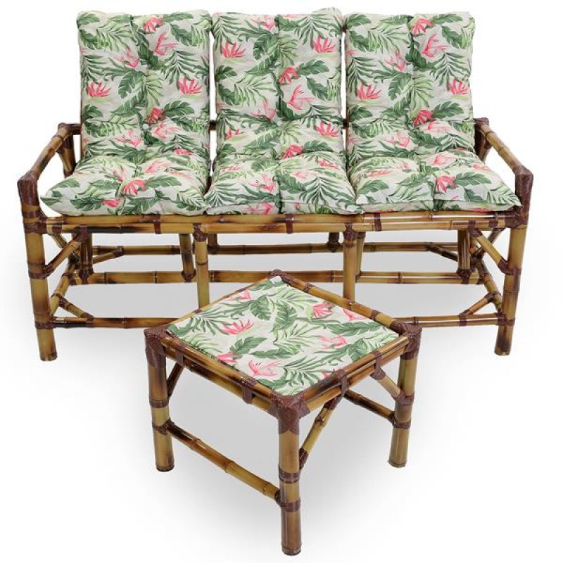 Kit Sofá de Bambu 3 Lugares com Almofadas Impermeáveis Flor | MadeiraMadeira
